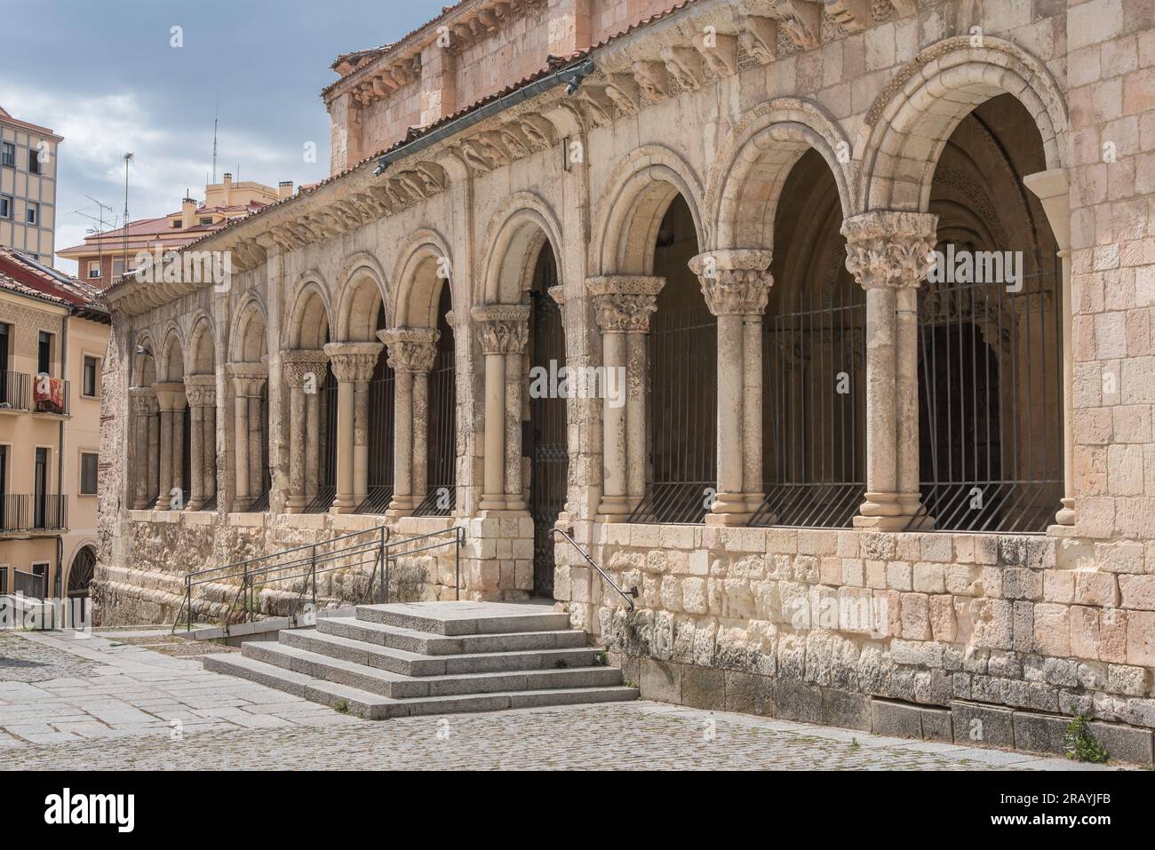 Portico, view of the romanesque rounded arches lining the exterior of ...