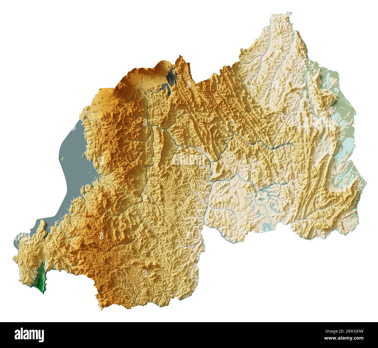 Rwanda. Highly detailed 3D rendering of shaded relief map with rivers and lakes. Colored by ...