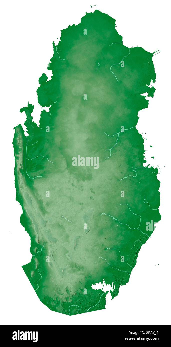 Qatar. Highly detailed 3D rendering of shaded relief map with rivers ...