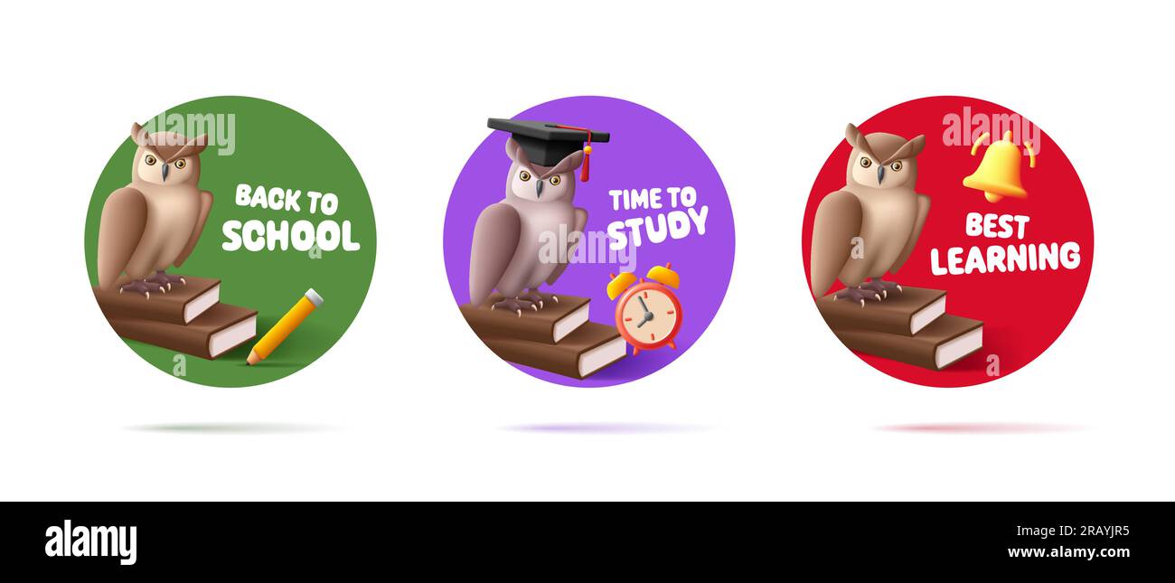 Education round stickers or labels with owl sitting on books with different school objects and ...