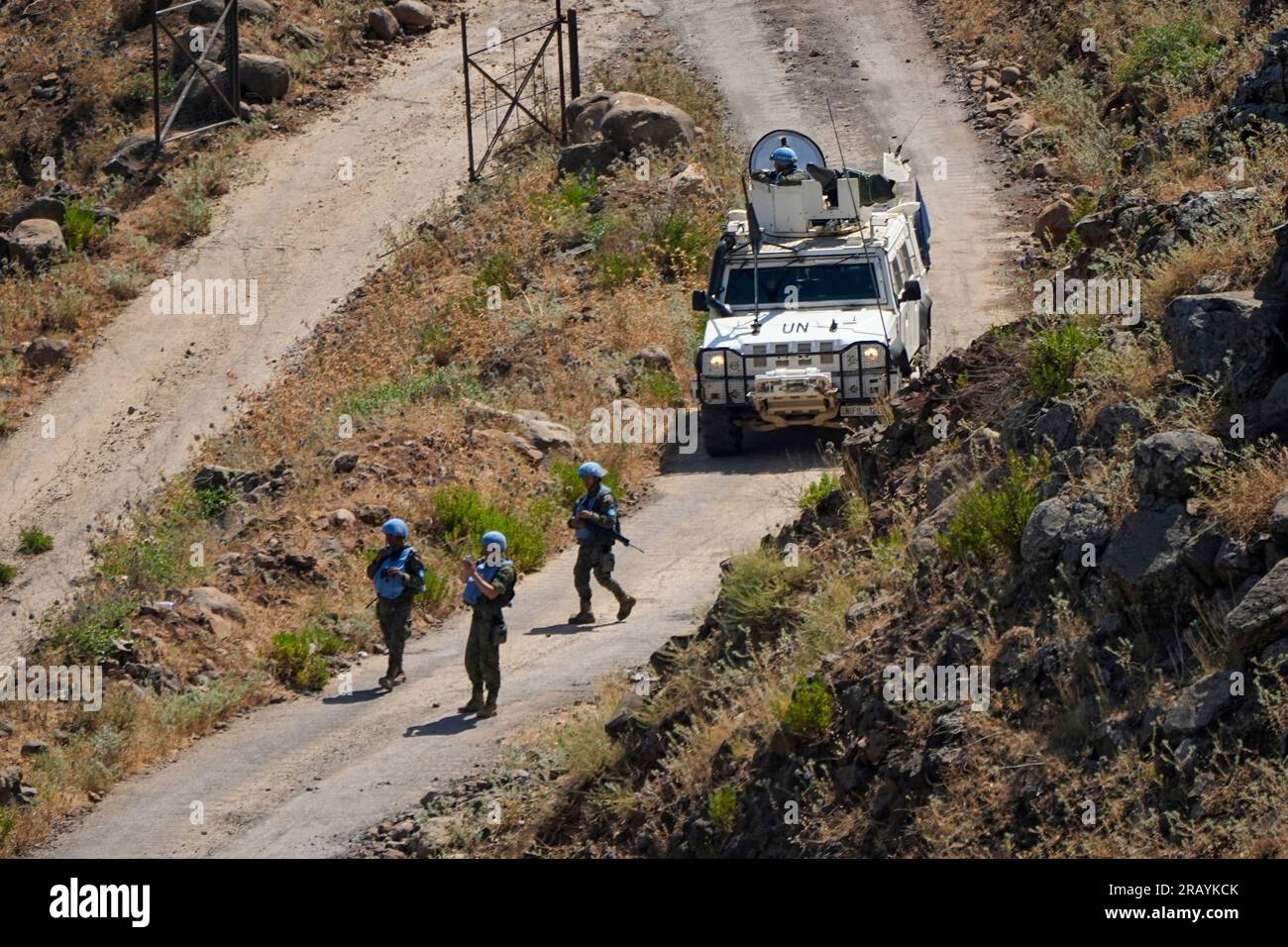UN peacekeepers (UNIFIL) seen along the Lebanese side of the border ...