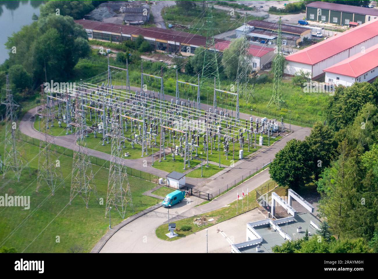 Power plant - transformation station. Multitude of cables and wires ...