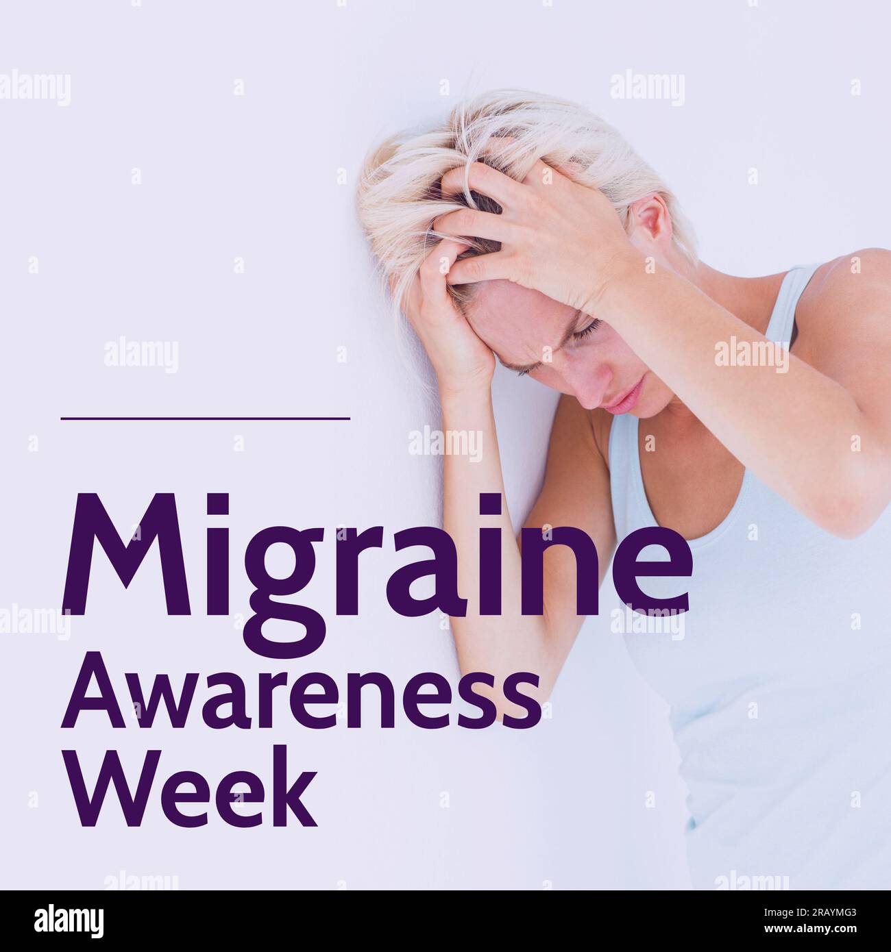 Migraine awareness week text and caucasian woman holding head in pain ...