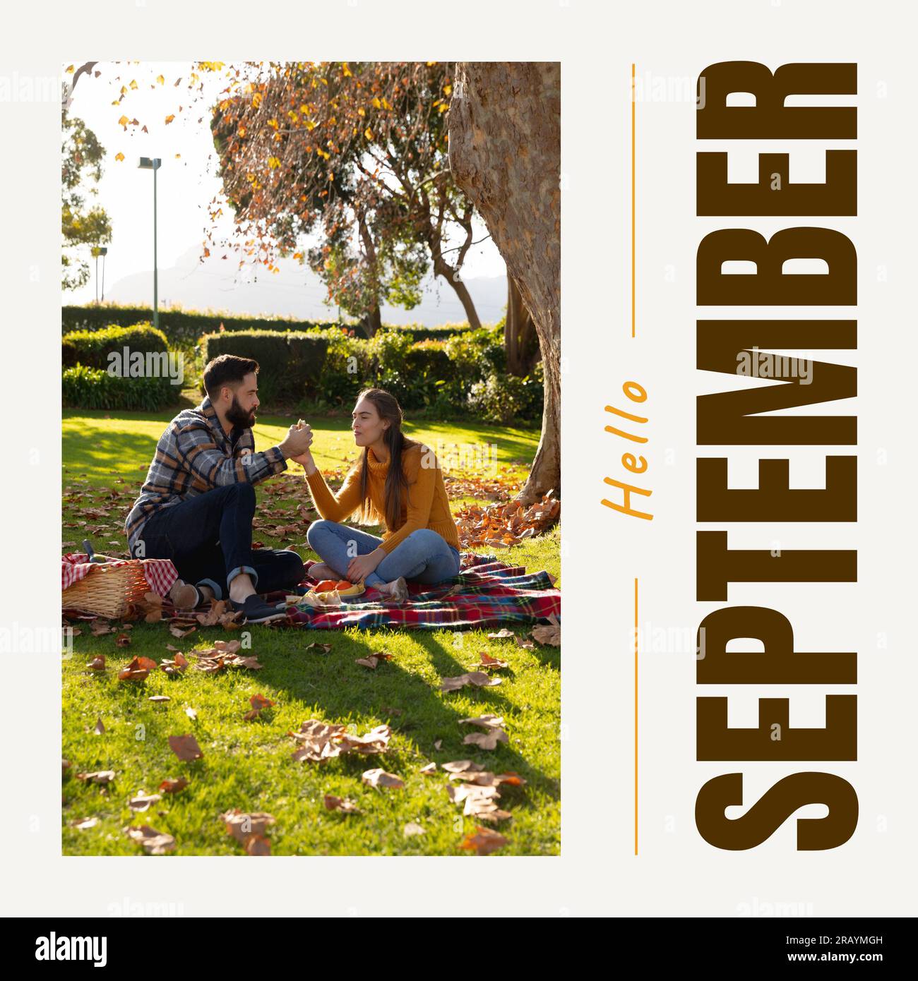 Hello september text in yellow and brown with happy caucasian couple ...