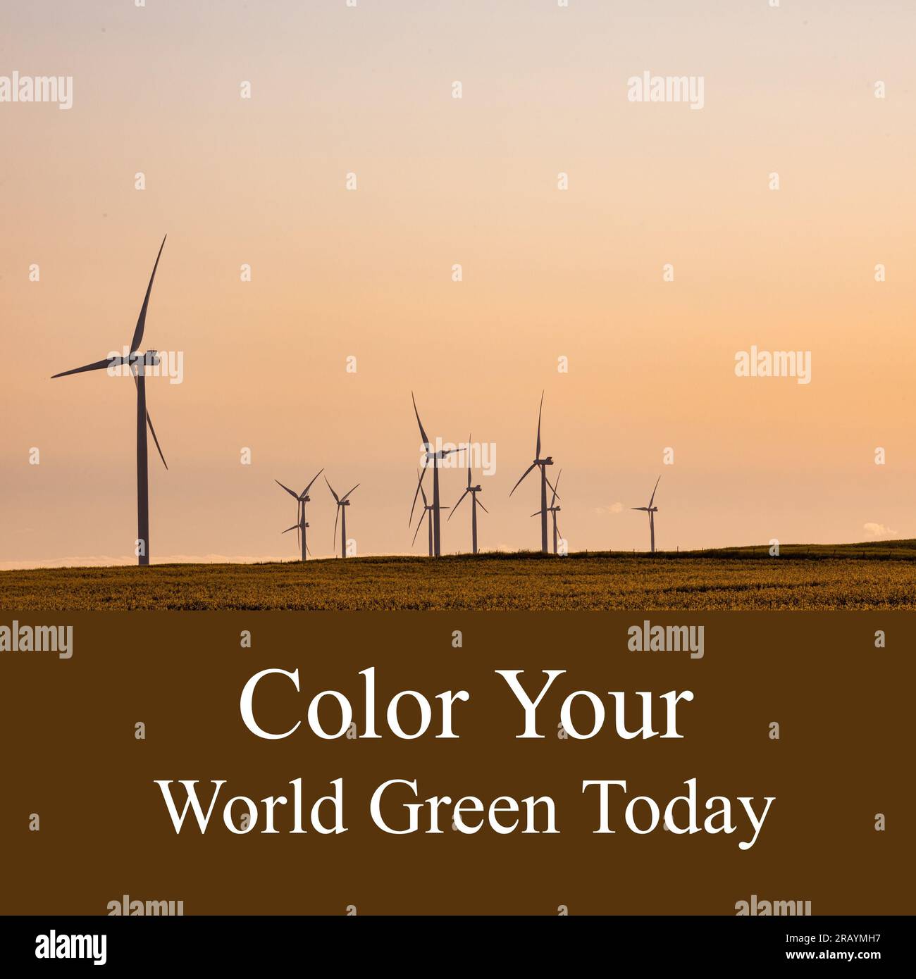 Composition of color your world green today text over wind turbines ...