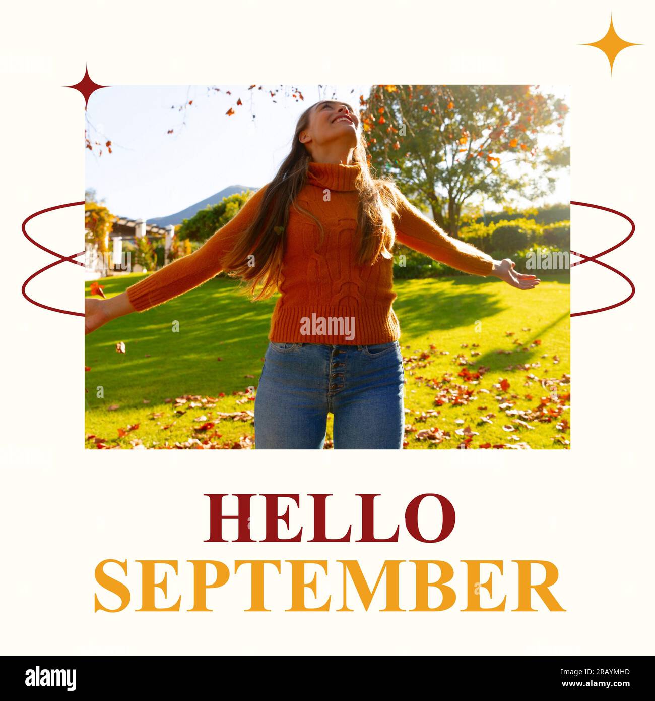 Hello september text in yellow and brown with happy caucasian with arms ...