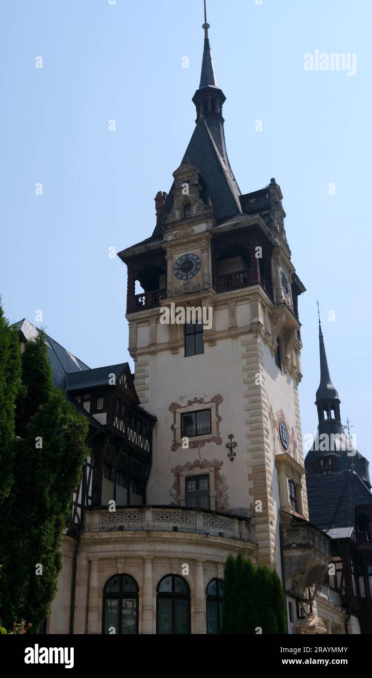 Beautiful Peles castle exterior during sunny summer day with blue sky ...