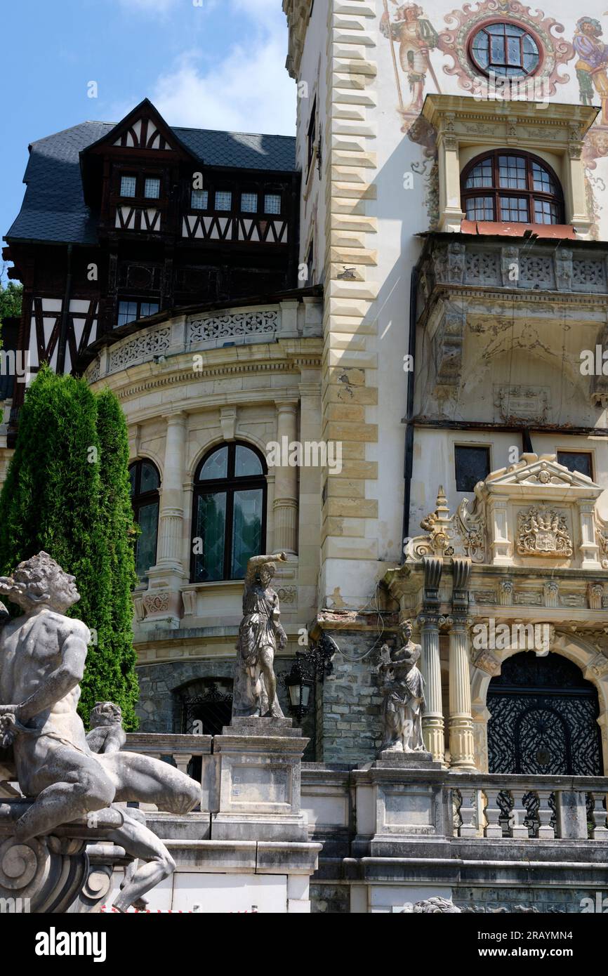 Beautiful Peles castle exterior during sunny summer day with blue sky ...
