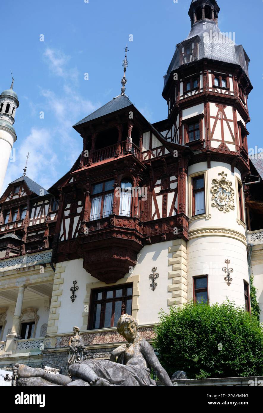 Beautiful Peles castle exterior during sunny summer day with blue sky ...