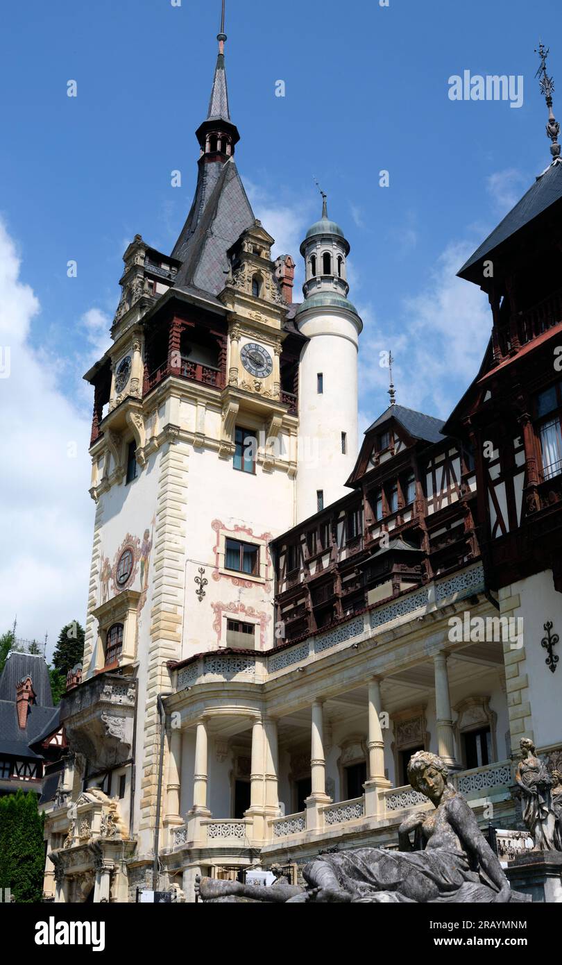 Beautiful Peles castle exterior during sunny summer day with blue sky ...