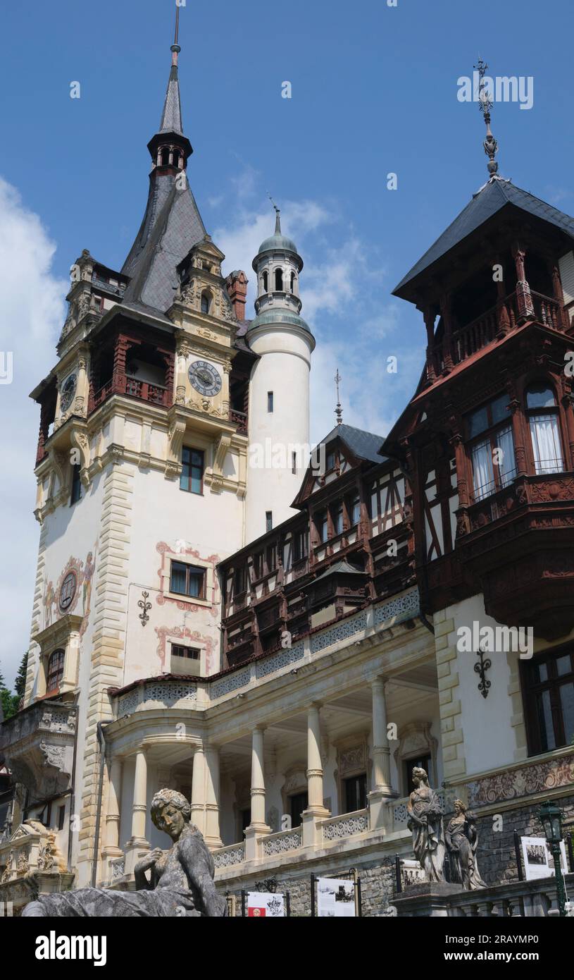 Beautiful Peles castle exterior during sunny summer day with blue sky ...