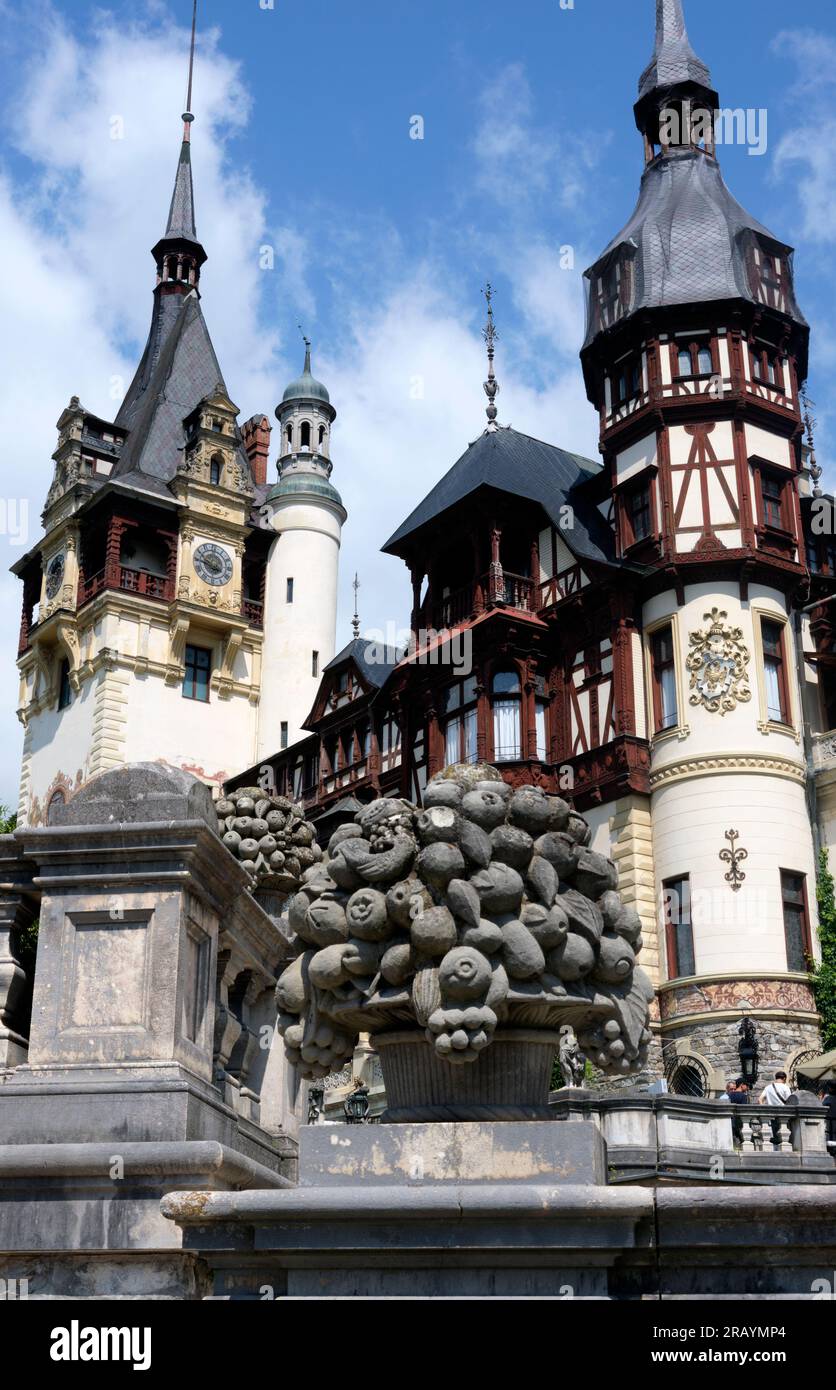 Beautiful Peles castle exterior during sunny summer day with blue sky ...