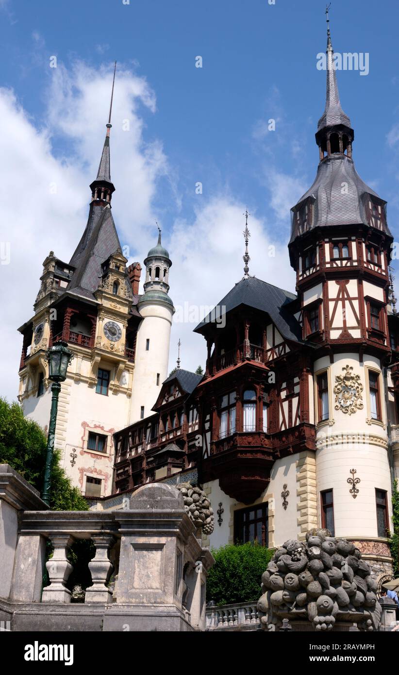 Beautiful Peles castle exterior during sunny summer day with blue sky ...