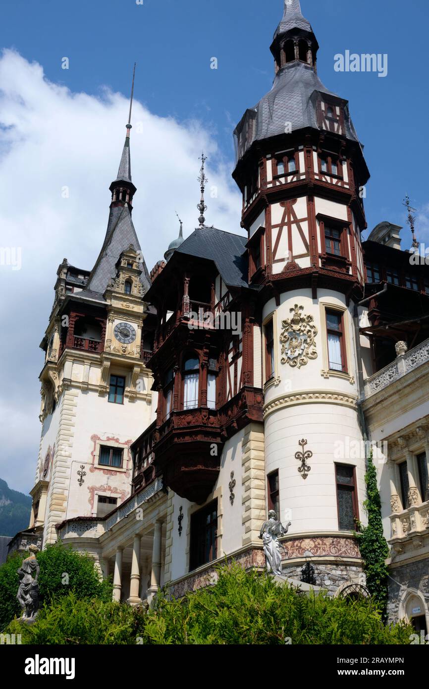 Beautiful Peles castle exterior during sunny summer day with blue sky ...