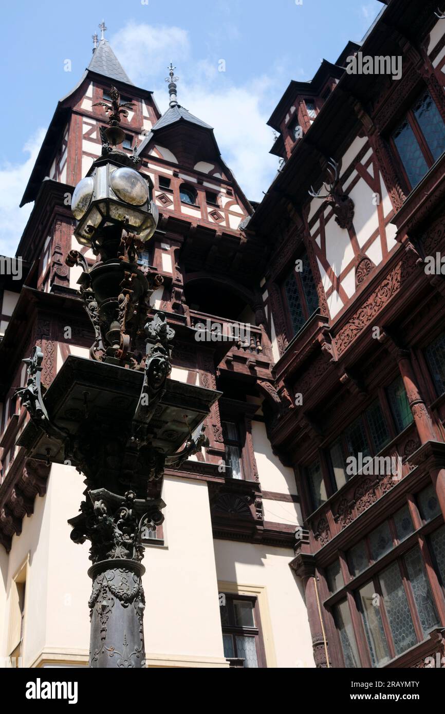 Beautiful Peles castle exterior during sunny summer day with blue sky ...