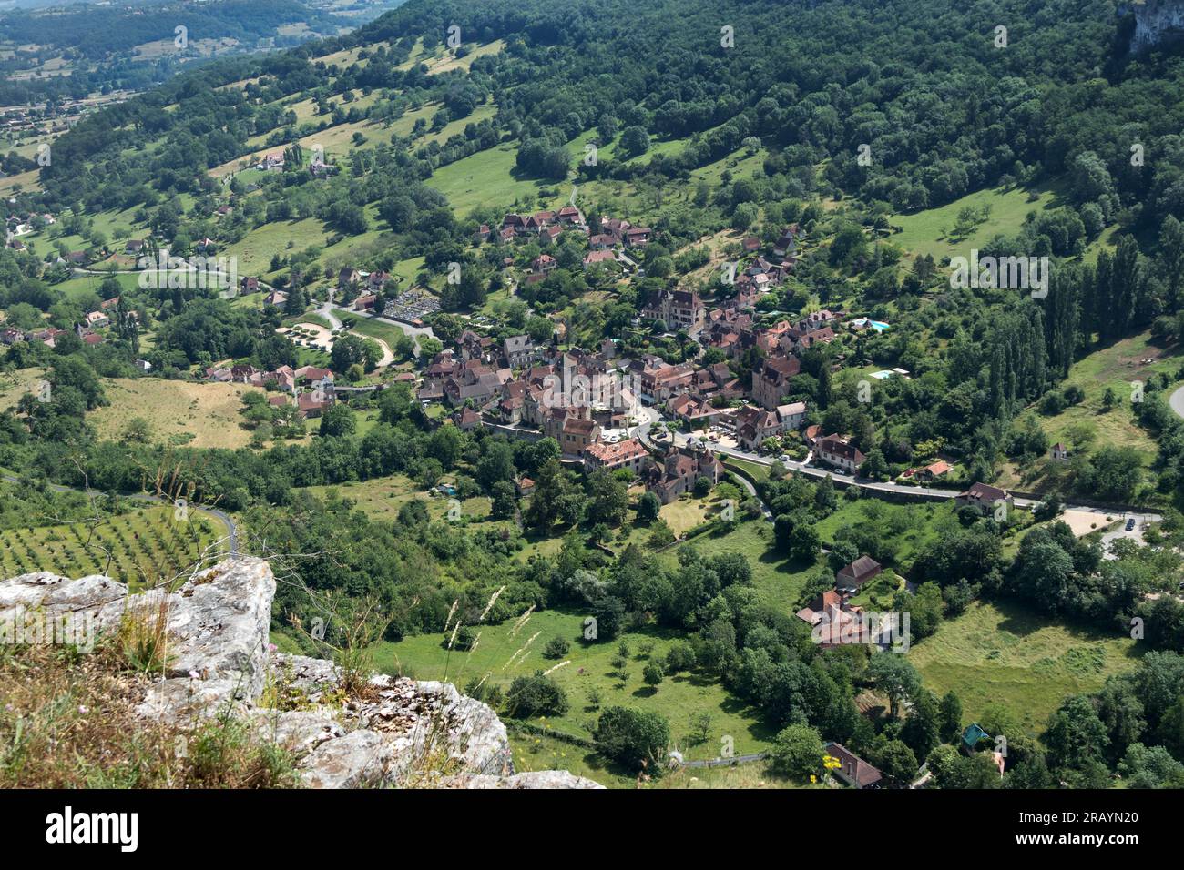 The Medieval village of Autoire viewed from the Cirque d'Autoire, Lot Department of Southwest ...