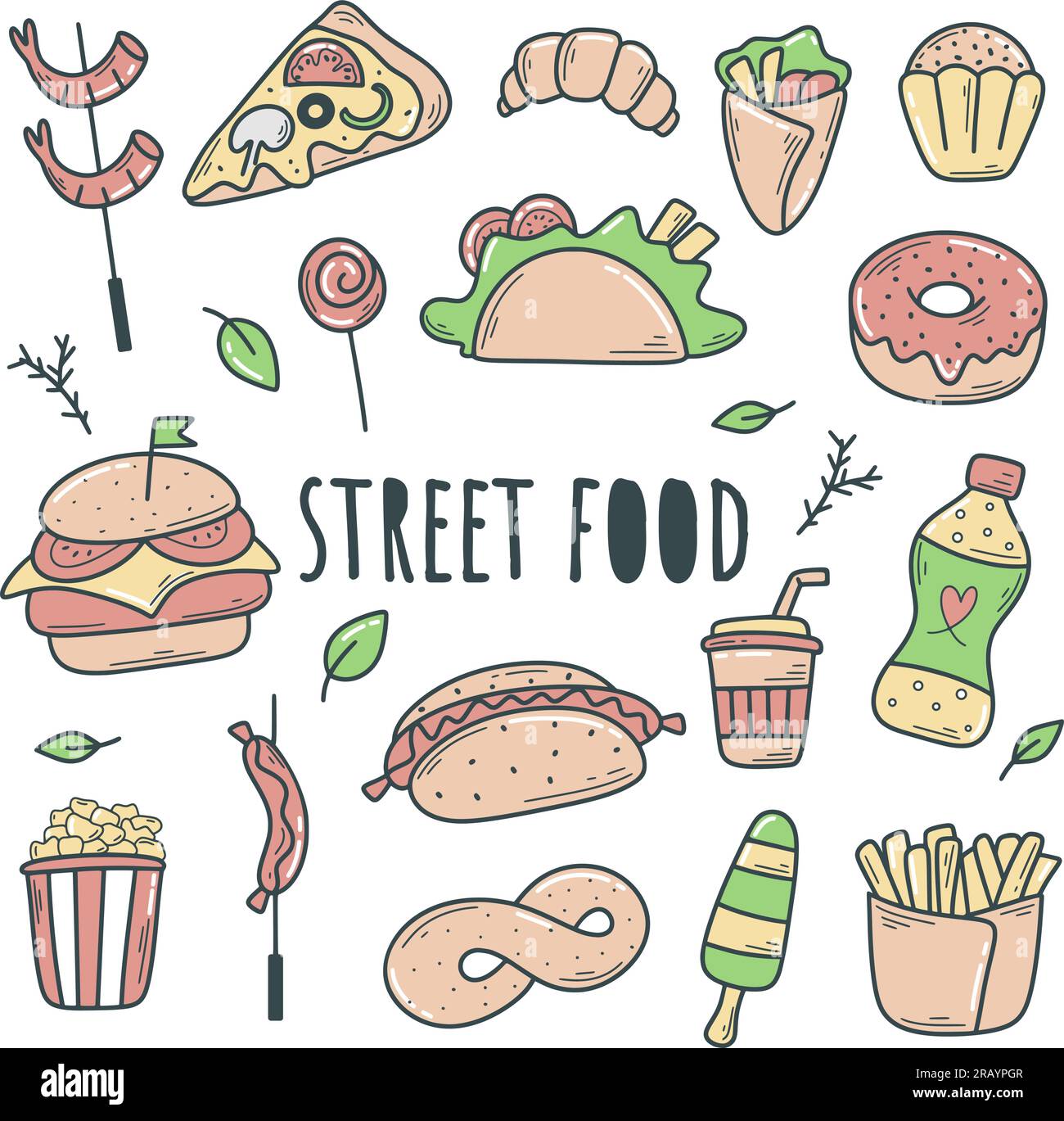Colored hand drawn street food set. Retro fast food sketch. Simple ...