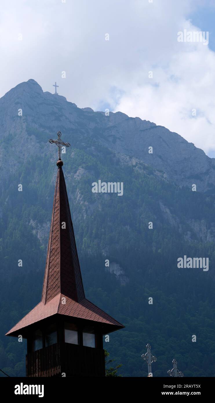 Wooden church in the Caraiman Monastery in Busteni Mountains in Romania ...