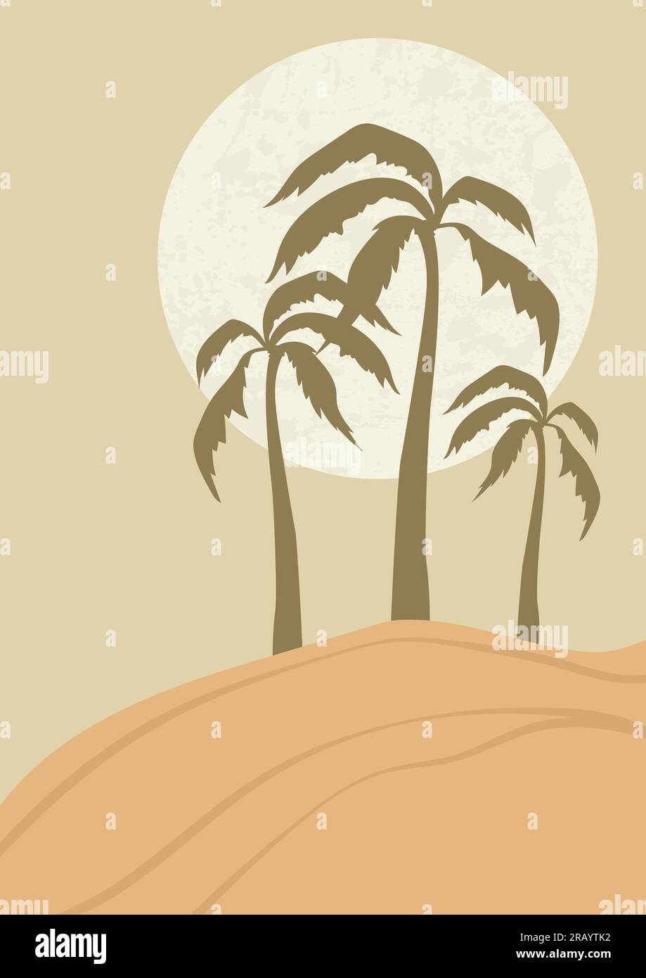 Desert landscape, sunny dunes and palms illustration. Earth tones ...