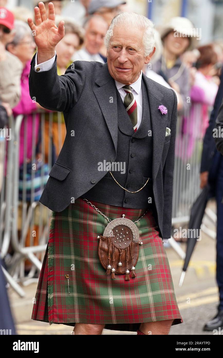 King Charles III during a tour of the market square in Selkirk, in the ...
