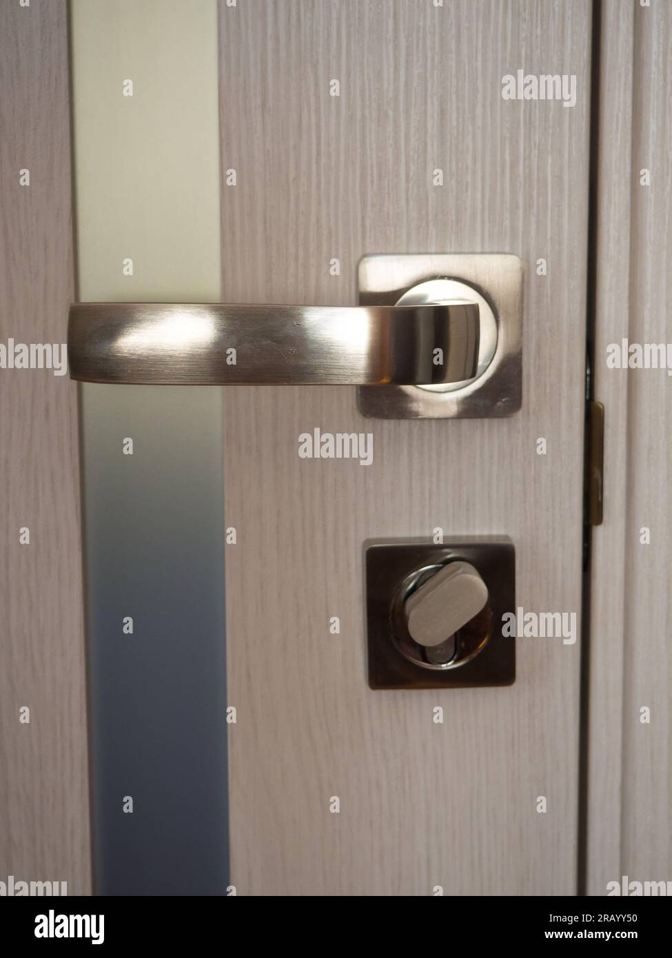 Close up of beige Interior doors with frosted glass inserts. Stylish ...