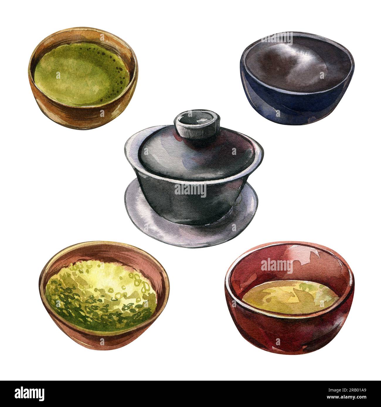 Set tea drink in bowl cup isolated on white background. Watercolor hand ...