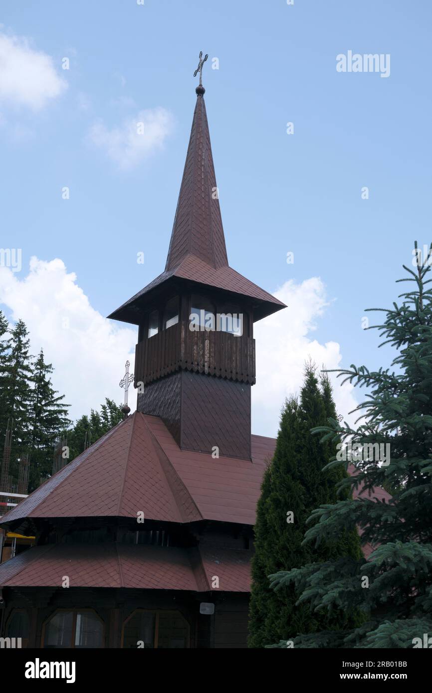 Wooden church in the Caraiman Monastery in Busteni Mountains in Romania ...