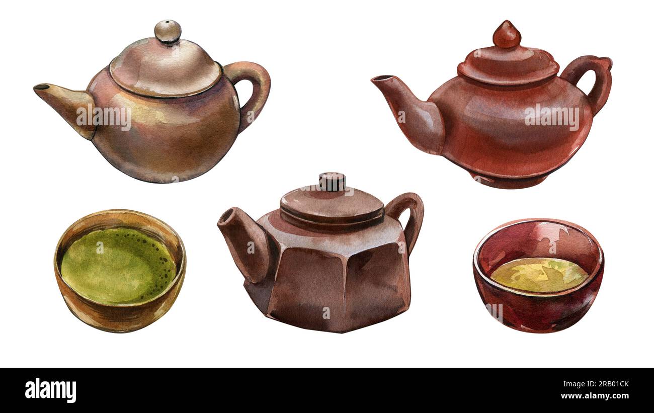 Set asian teapot ceramic brown clay, bowl for tea ceremony isolated on ...