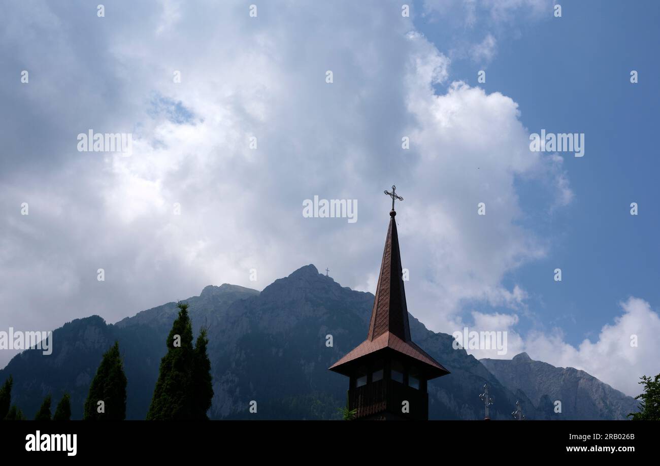 Wooden church in the Caraiman Monastery in Busteni Mountains in Romania ...