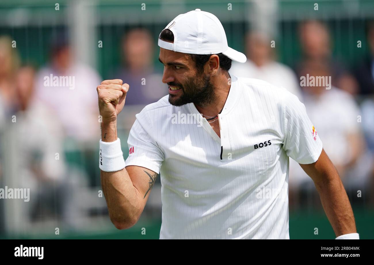 Matteo Berrettini reacts during his match against Lorenzo Sonego (not pictured) on day four of ...