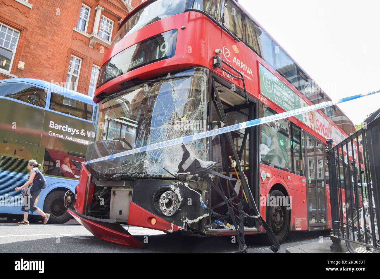 London, UK. 6th July 2023. A bus was badly damaged after a collision in ...