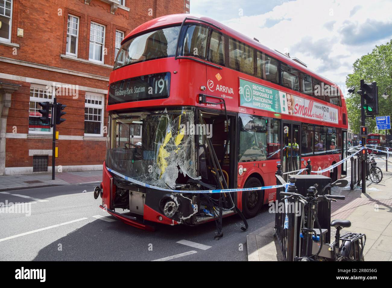 London, UK. 6th July 2023. A bus was badly damaged after a collision in ...