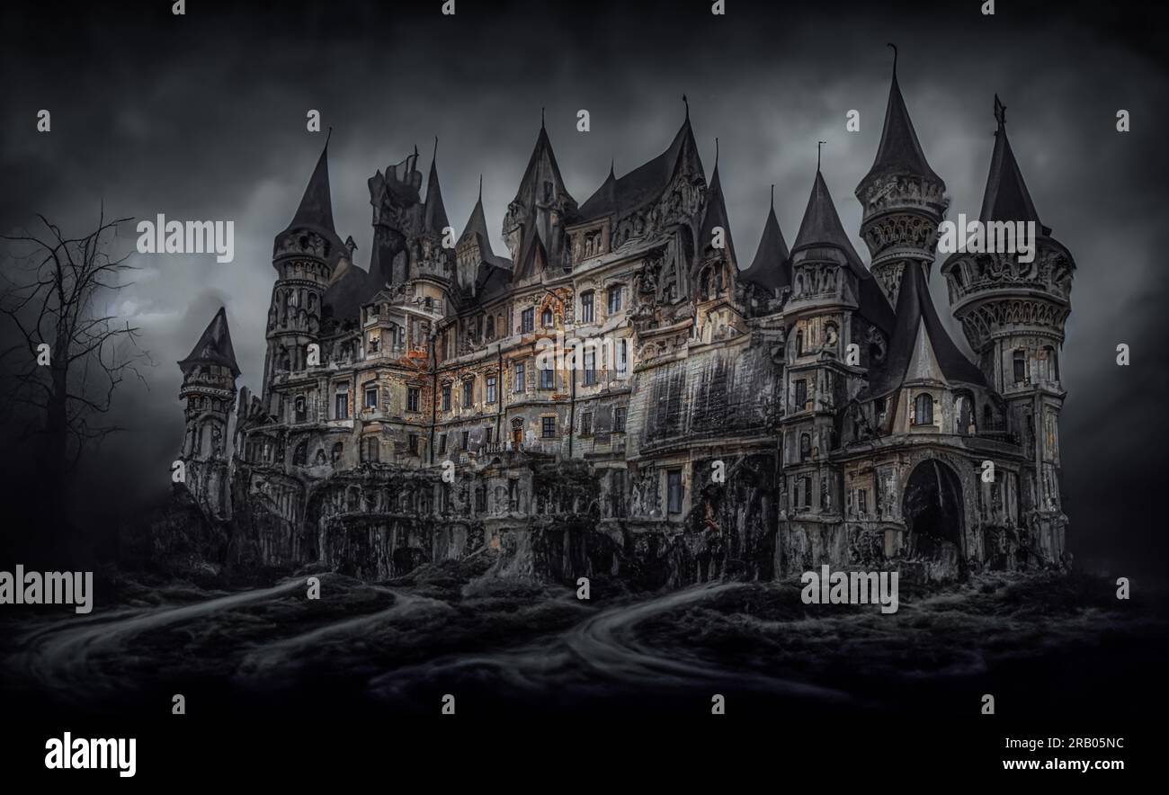 spooky dark gothic castle illustration Stock Photo - Alamy