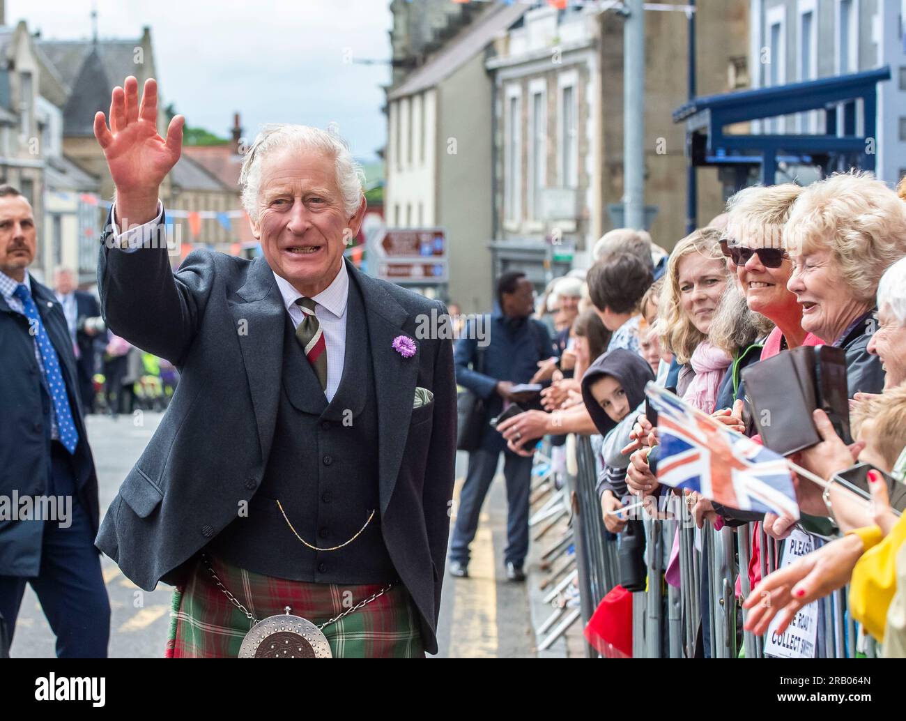 King Charles III during a tour of the market square in Selkirk, in the ...