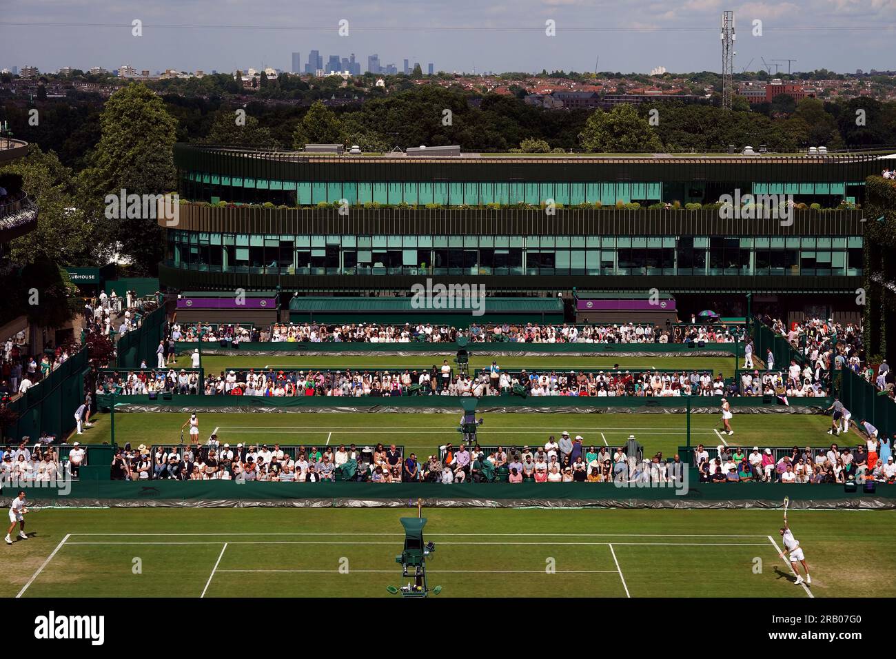 A general view of the action across the outside courts on day four of ...