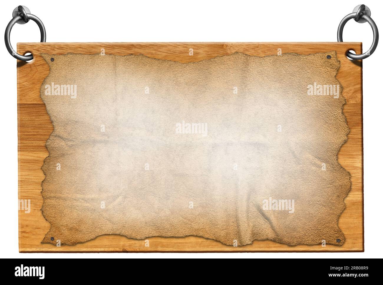 Wooden sign with blank parchment (old paper sheet) and and steel rings ...