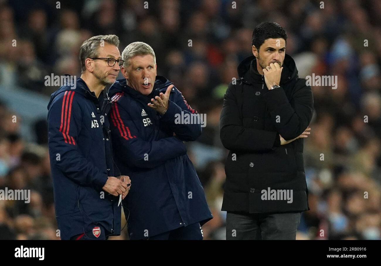 File photo dated 26-04-2023 of Arsenal manager Mikel Arteta (right ...