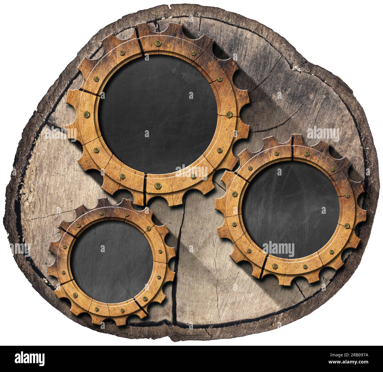 Three wooden cogwheels (gears) and blank blackboards with copy space ...