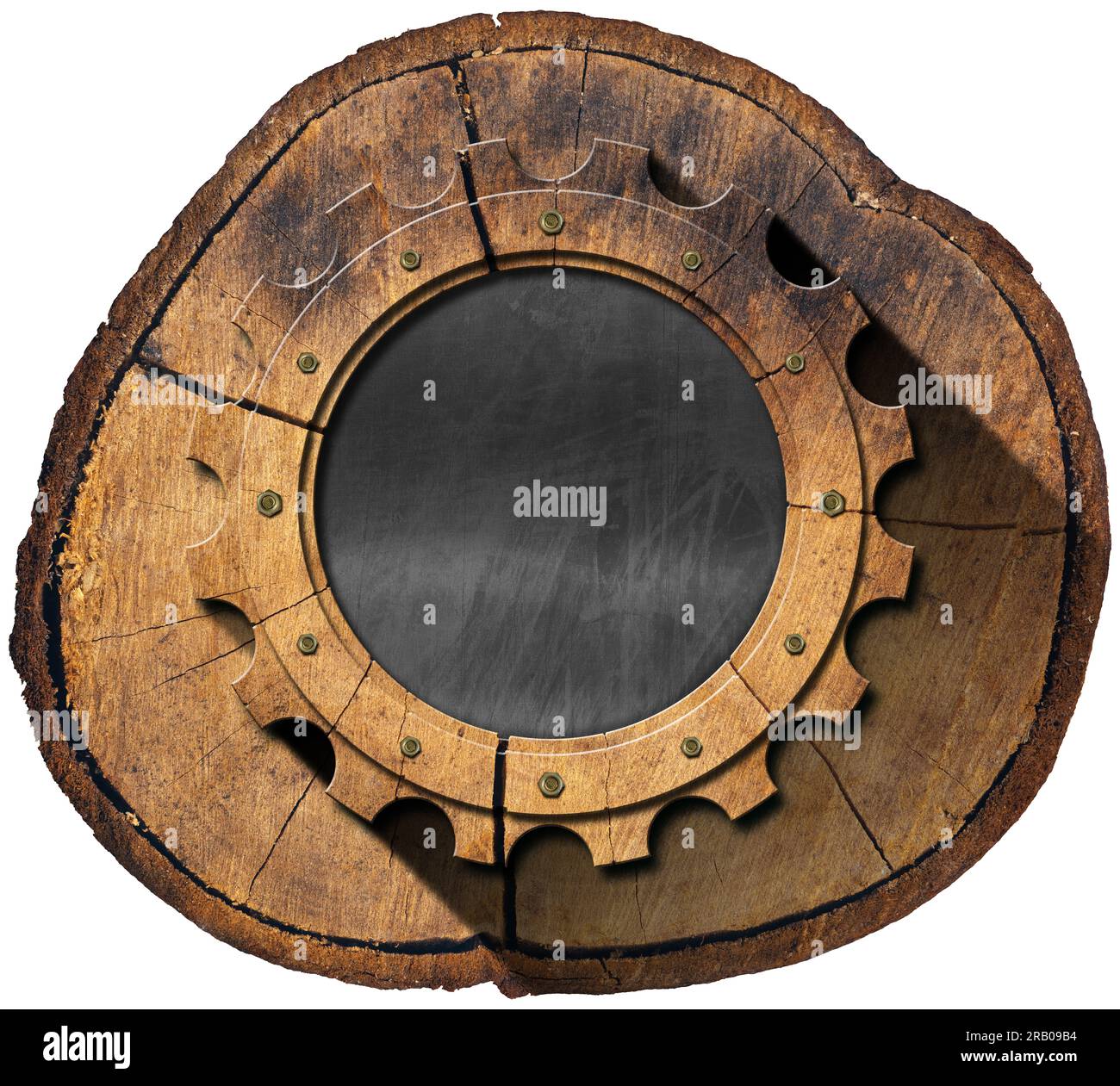 Wooden cogwheel (gear) and Blank Blackboard with copy space on a cross ...