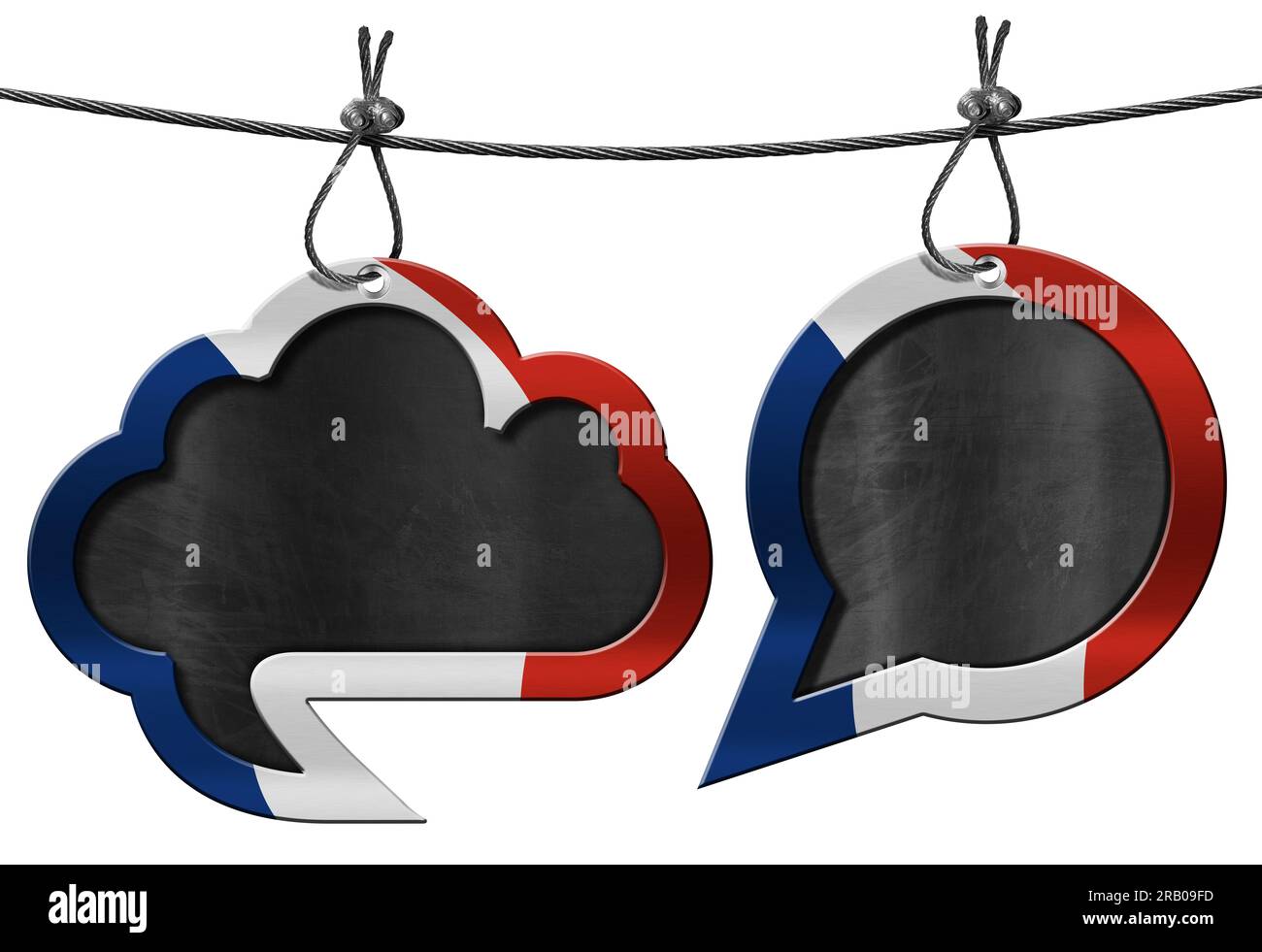3D illustration of two empty speech bubbles with French flag and copy ...