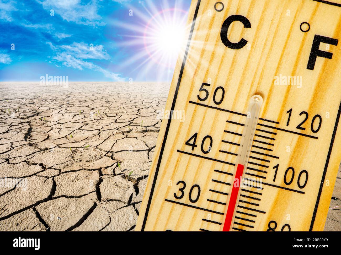 thermometer shows high temperature in summer heat with dryness and lack ...
