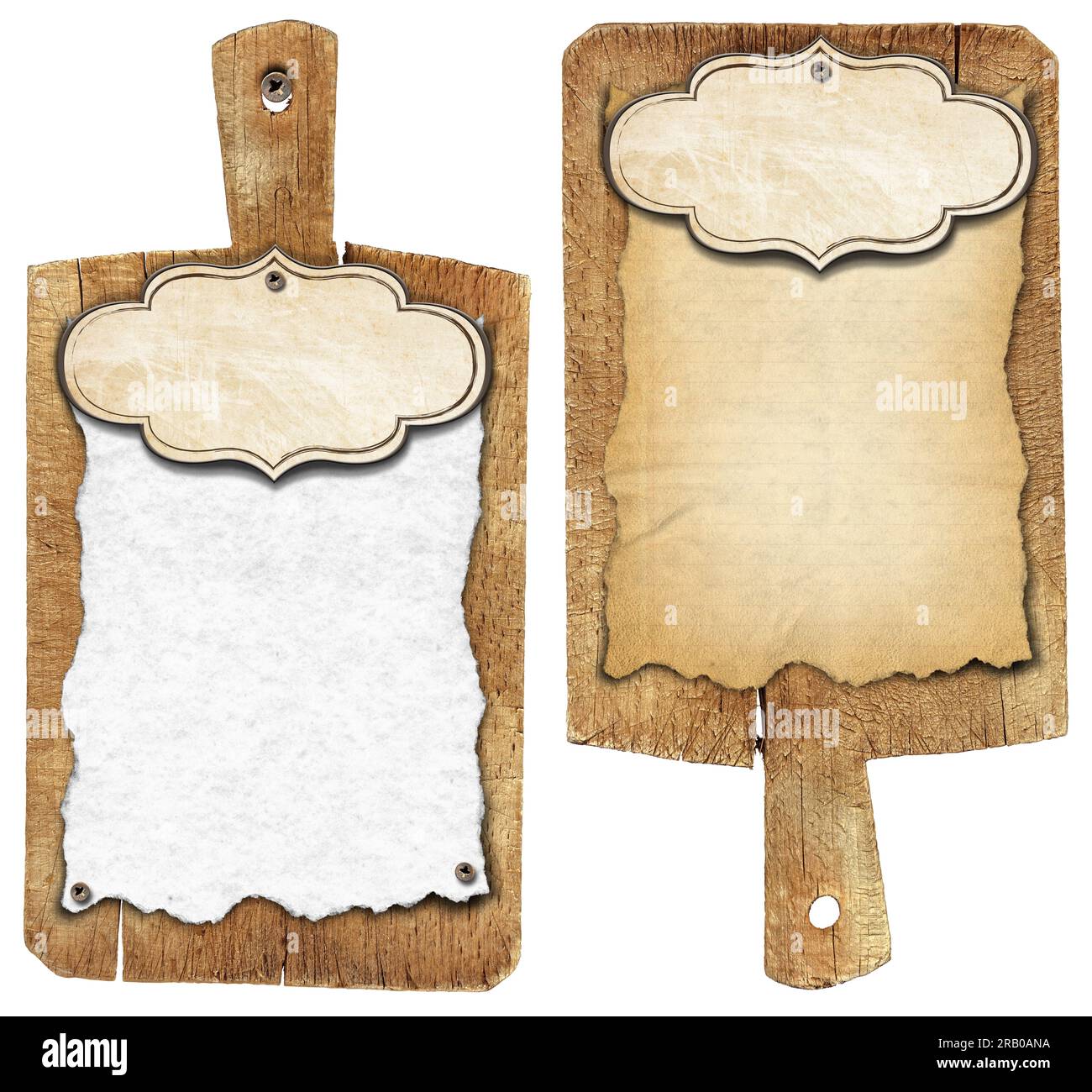 Old wooden cutting boards with blank sheet of paper (parchment) and ...