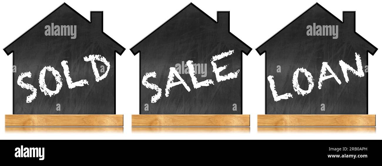 3D illustration of three model houses in the shape of a blackboard with ...