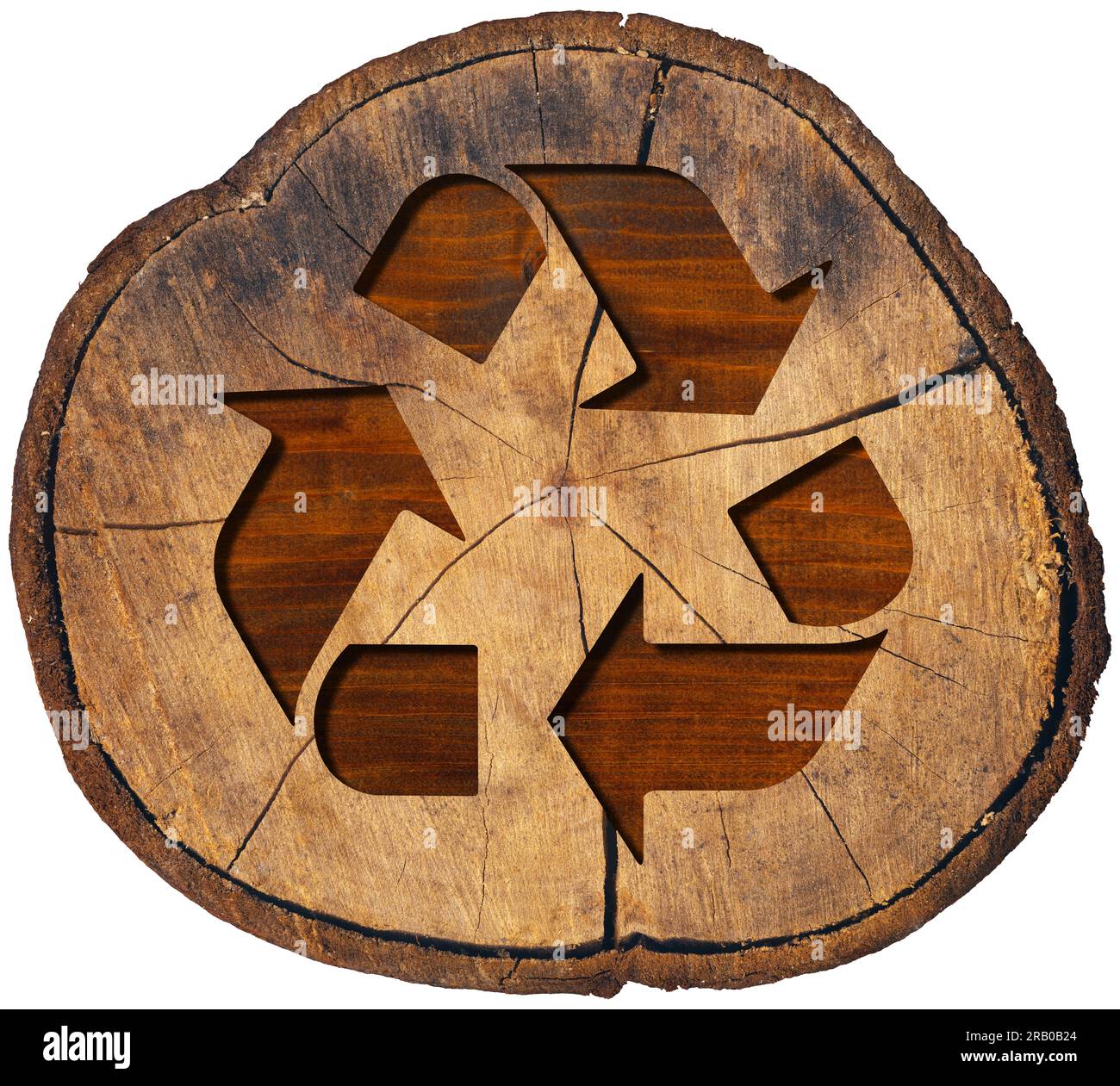 Recycling symbol made of wood. Cross section of a tree trunk with a ...