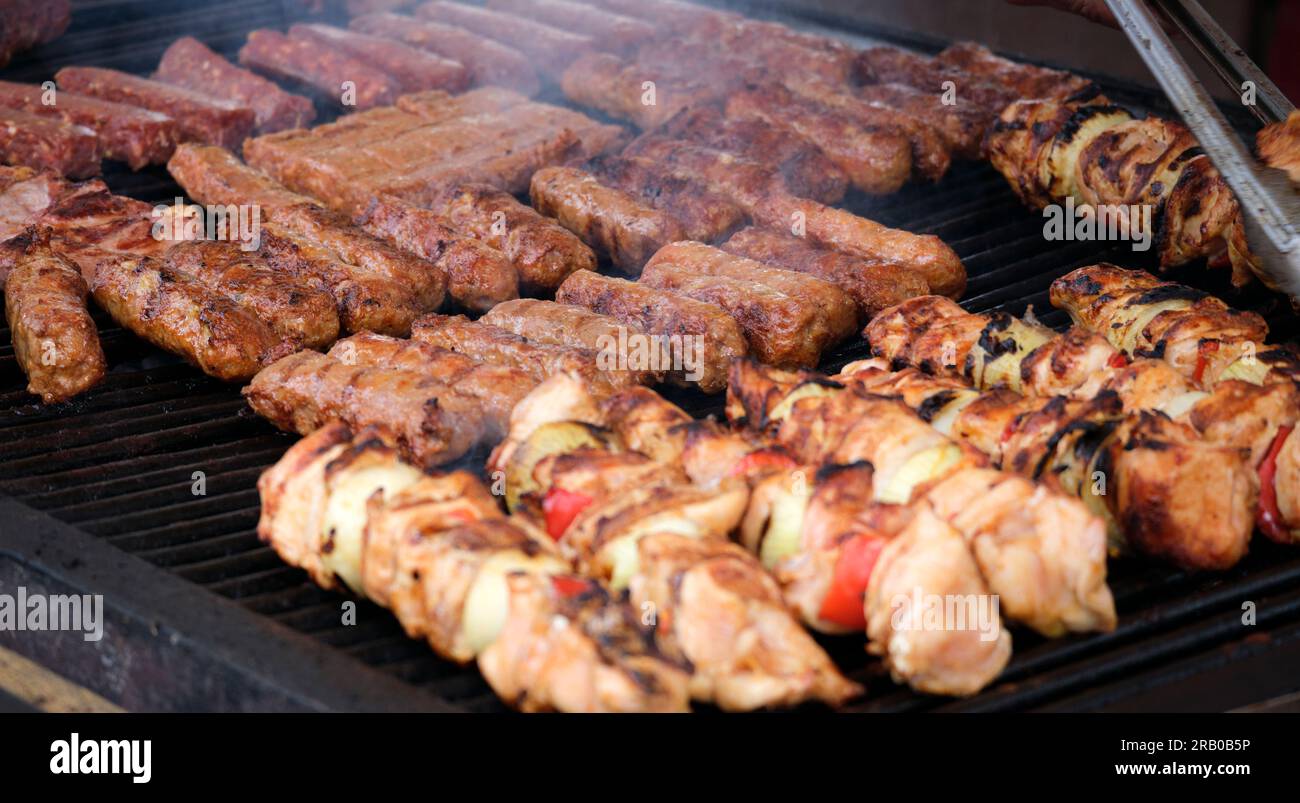 Meat on a grillf of traditional romanian food on a food market Stock ...
