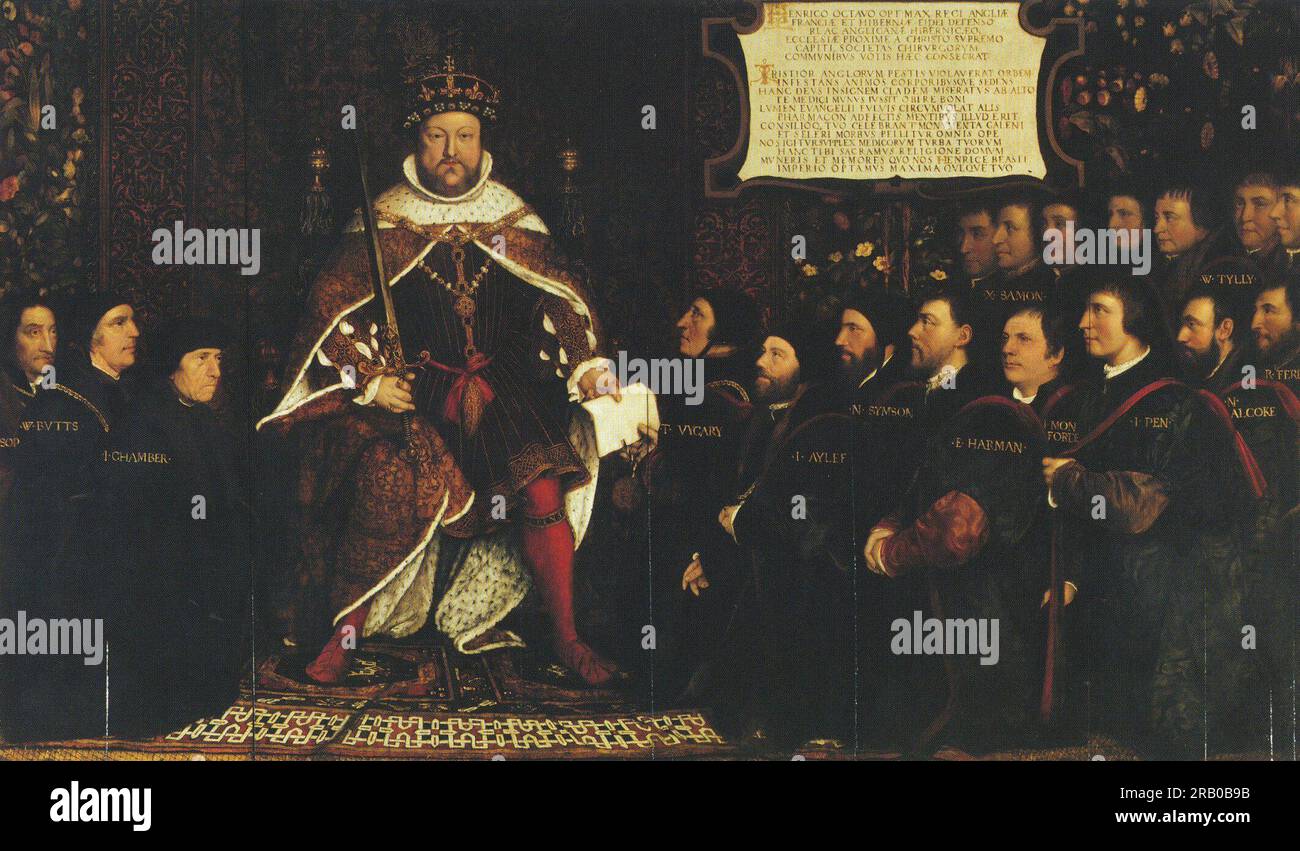 Henry VIII handing over a charter to Thomas Vicary, commemorating the ...