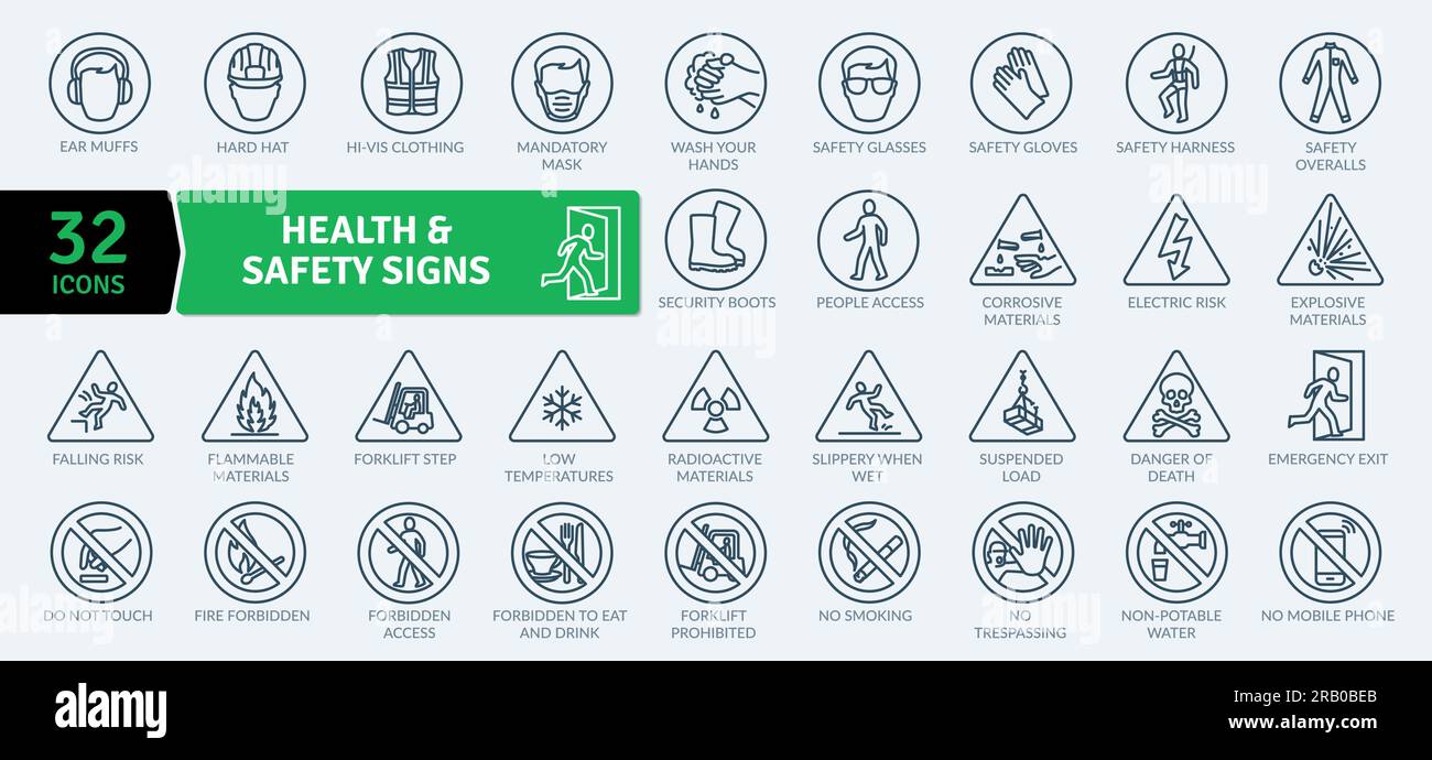Health And Safety Signs icons Pack. Collection of thin line signal icon ...