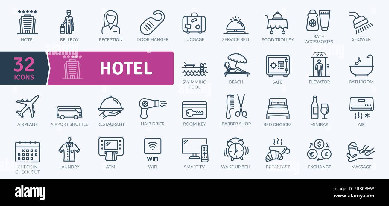 Hotel and accommodation services Icons Pack. Thin line icons set ...