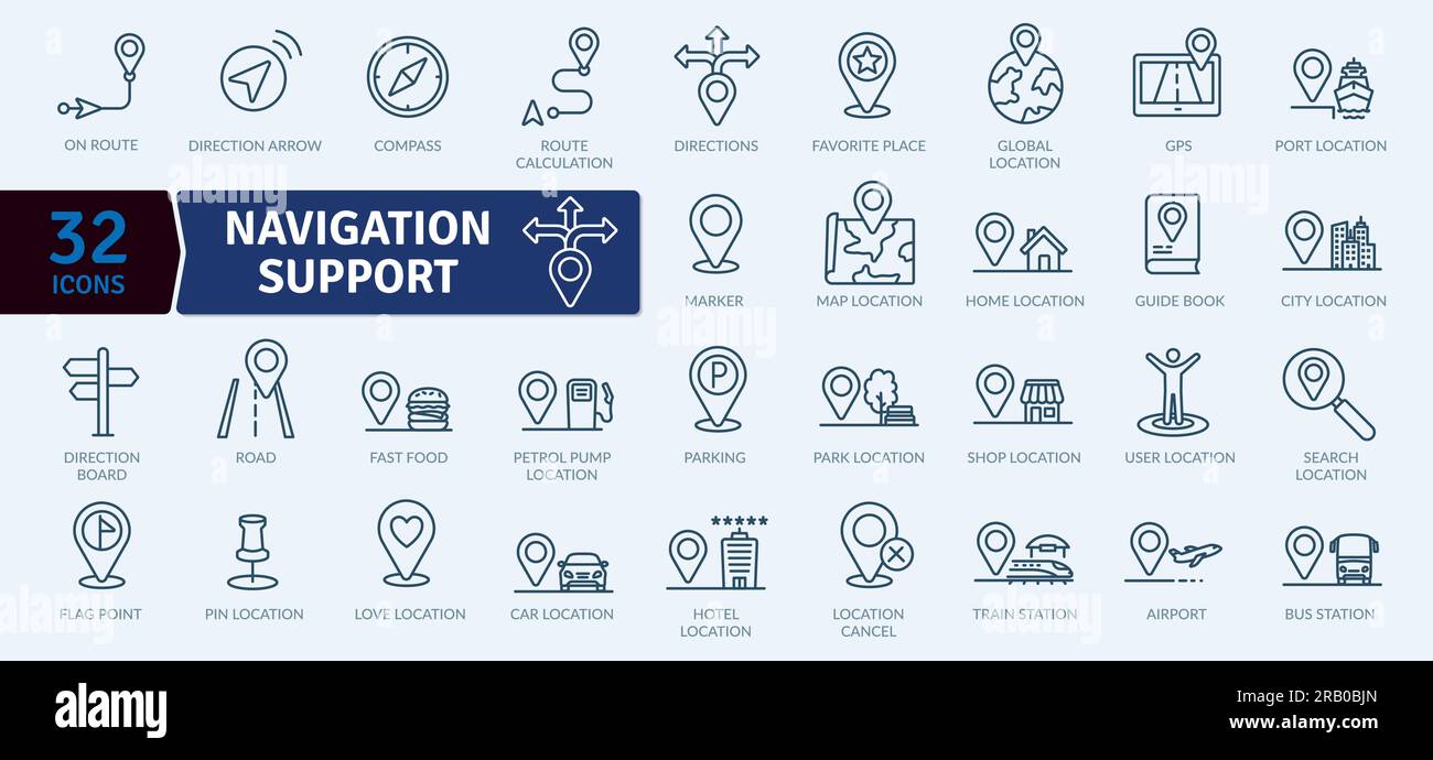 Terrestrial navigation support icon pack. Collection of thin line icons ...