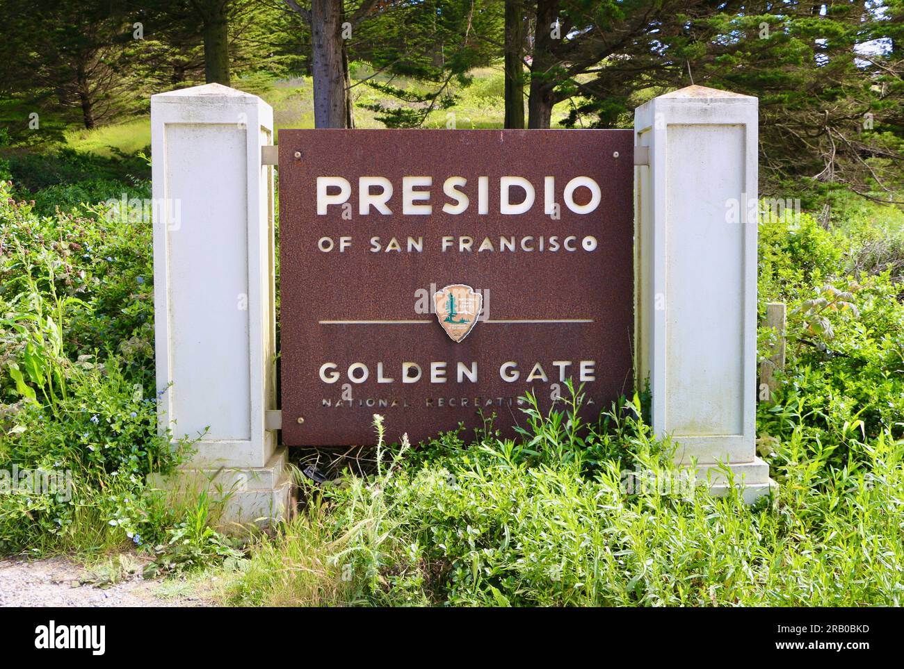 Roadside rusting iron sign with concrete posts Presidio of San ...